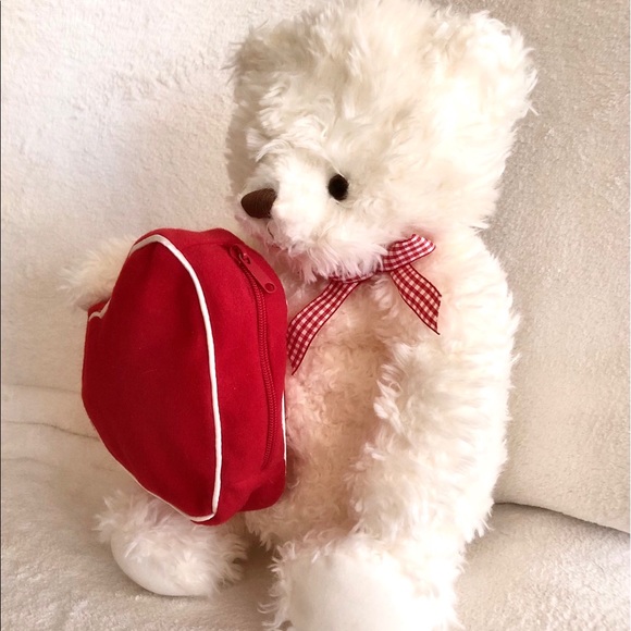 Hallmark | Toys | Fluffy White Teddy Bear W Zippered Red Heart Bag ...